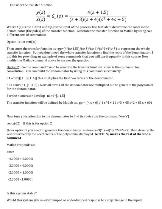 Solved Consider the transfer function: | Chegg.com