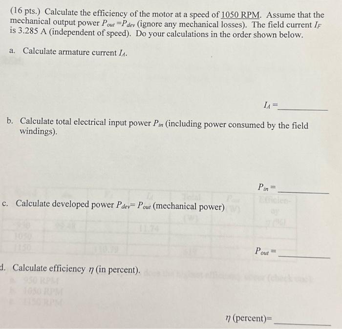 Solved (16 pts.) Calculate the efficiency of the motor at a | Chegg.com