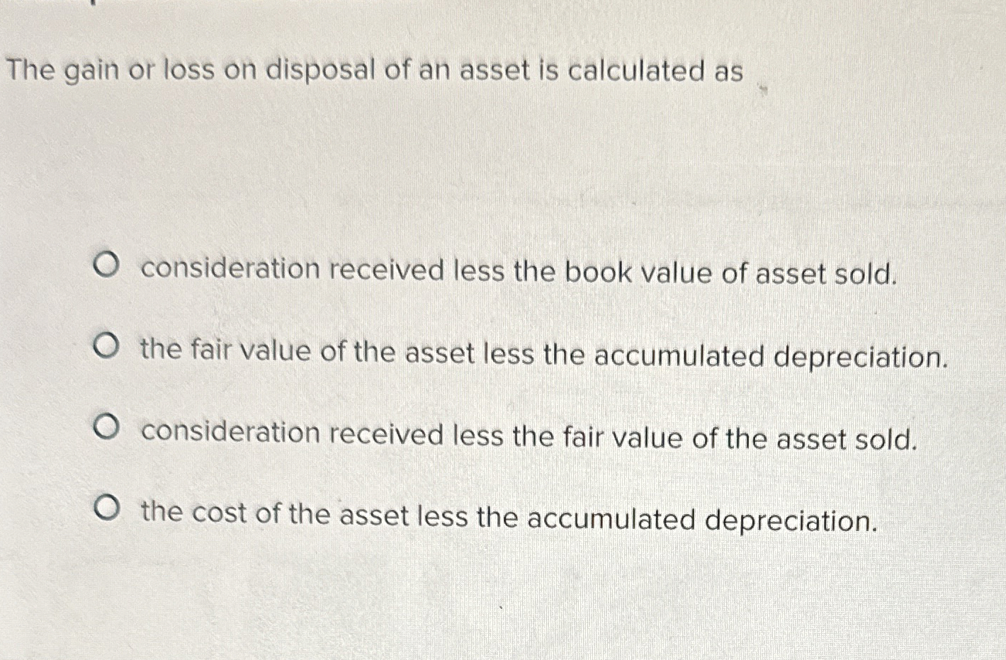 Solved The gain or loss on disposal of an asset is | Chegg.com