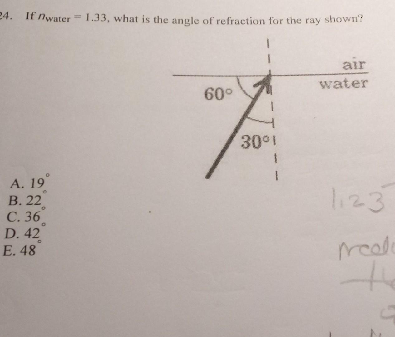 Solved 4. If nwater =1.33, what is the angle of refraction | Chegg.com