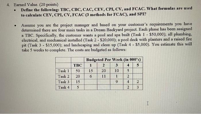 Solved Earned Value. (20 points) - Define the following: | Chegg.com