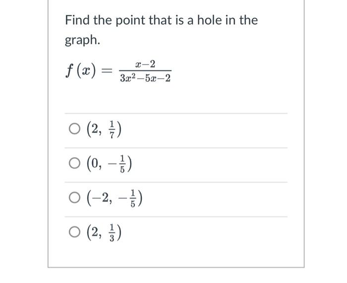 Solved Find the point that is a hole in the graph. f(x) = | Chegg.com