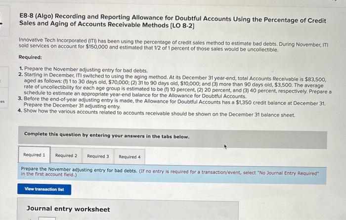 Solved E8-8 (Algo) Recording and Reporting Allowance for | Chegg.com