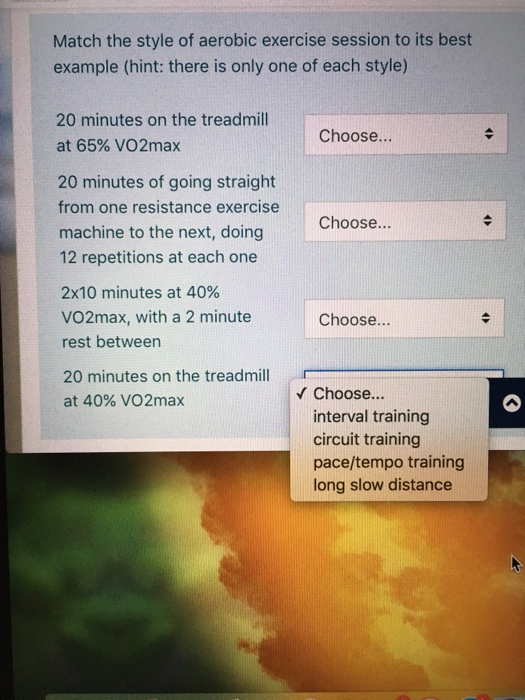 Solved Match the style of aerobic exercise session to its | Chegg.com