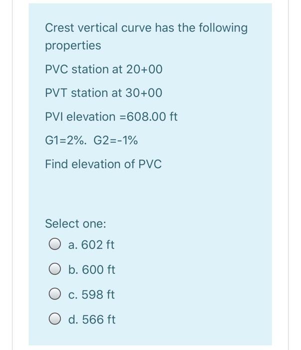 Solved Crest vertical curve has the following properties PVC | Chegg.com