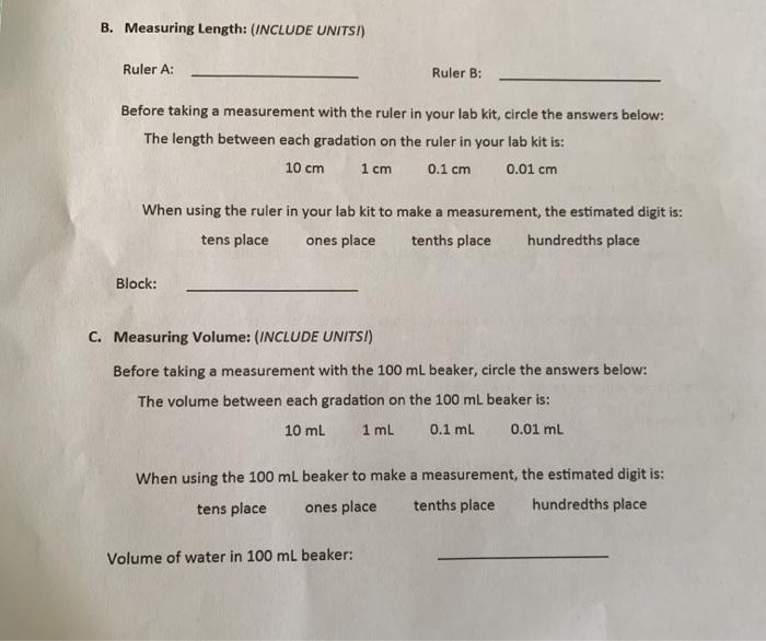 Solved B. Measuring Length: (INCLUDE UNITSI) Ruler A: Ruler | Chegg.com