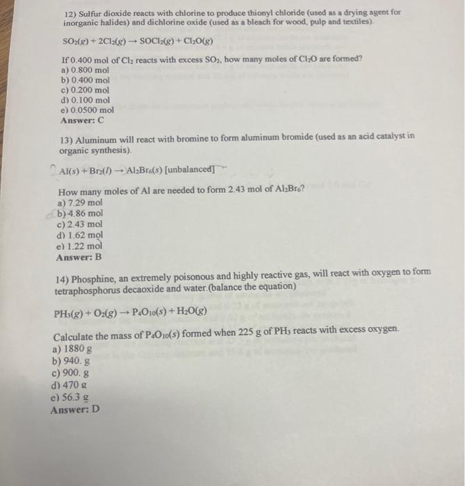 Solved 12) Sulfur dioxide reacts with chlorine to produce | Chegg.com