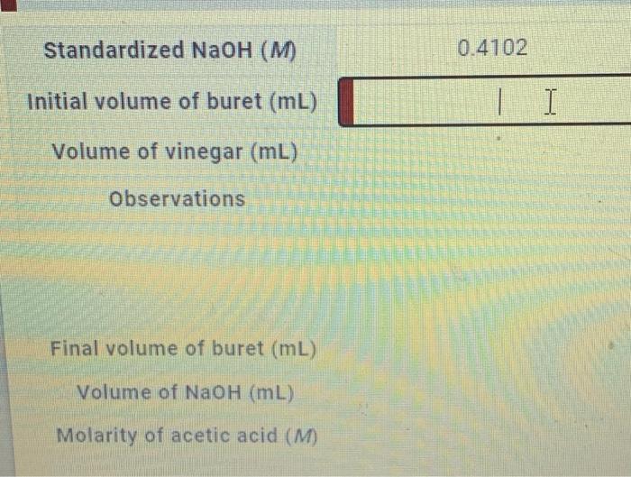 Standardized NaOH (M) 0.4102 Initial volume of buret | Chegg.com