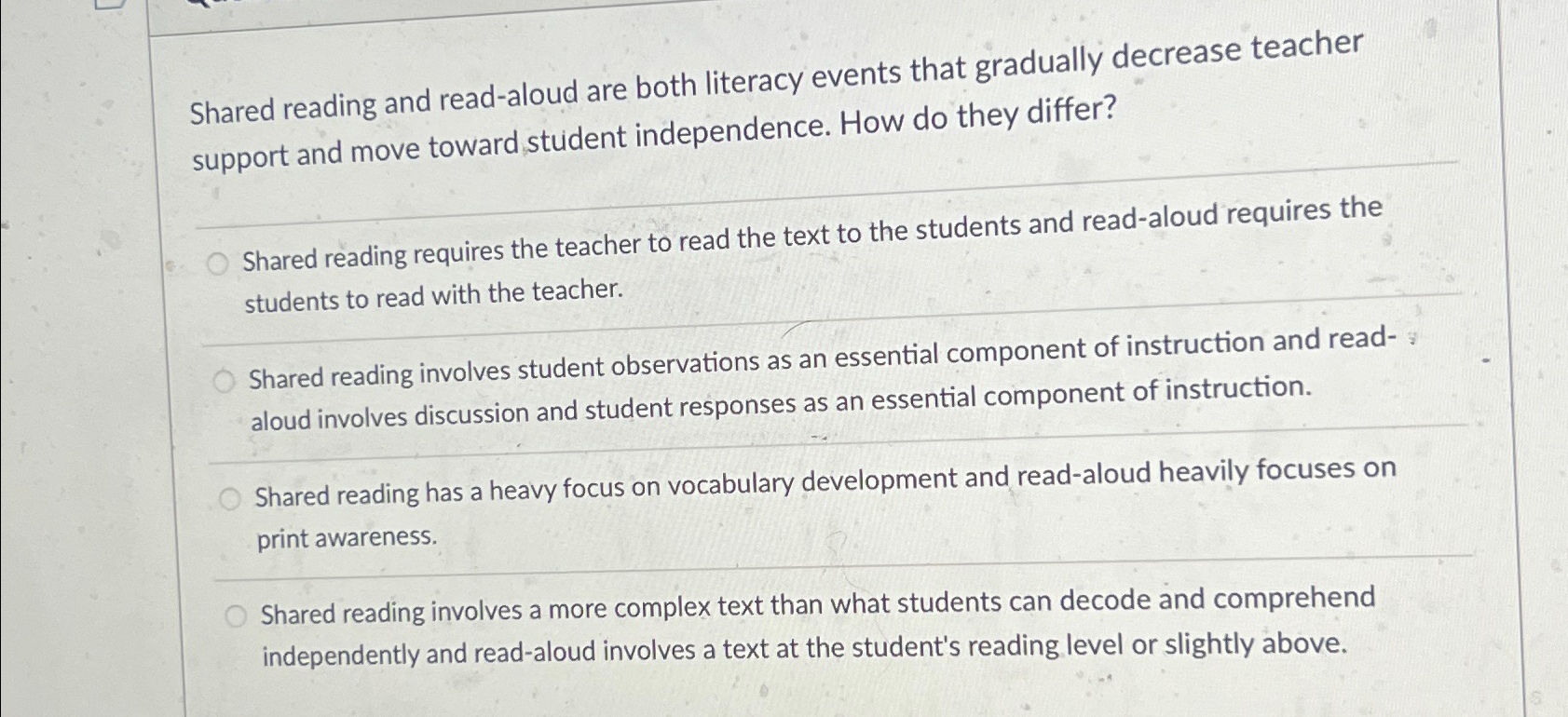 Solved Shared reading and read-aloud are both literacy | Chegg.com