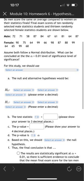 Solved 10:17 87 X Module 10: Homework 6 - Hypothesis... Do | Chegg.com