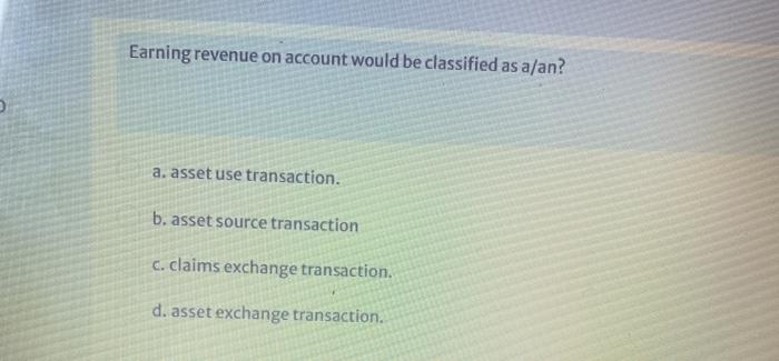 Solved Earning revenue on account would be classified as | Chegg.com