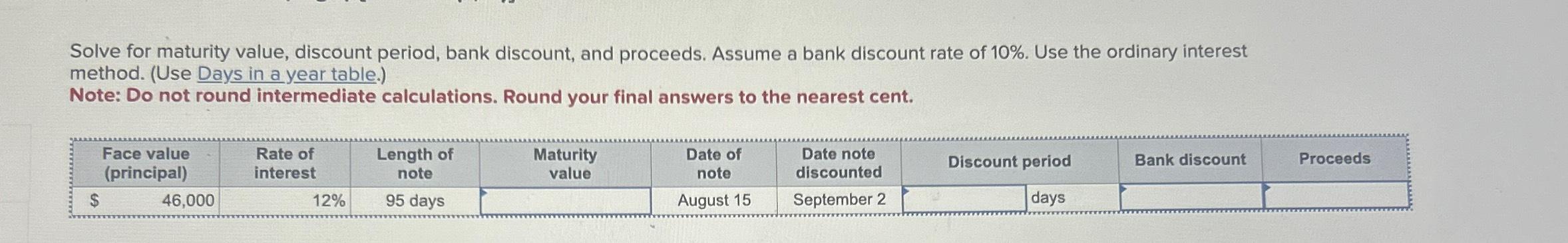 Solved Solve for maturity value, discount period, bank | Chegg.com