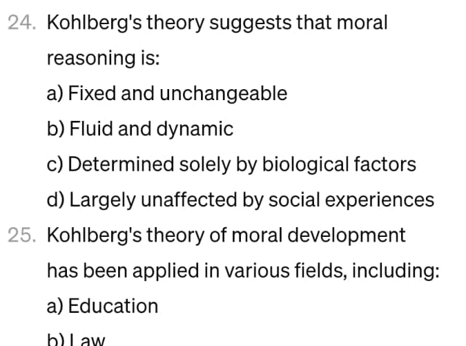 Solved Kohlberg's theory suggests that moral reasoning is:a) | Chegg.com