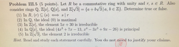 Solved Problem III.5 (5 points). Let R be a commutative ring | Chegg.com