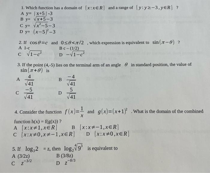 Solved 1. Which function has a domain of (x:xER) and a range | Chegg.com