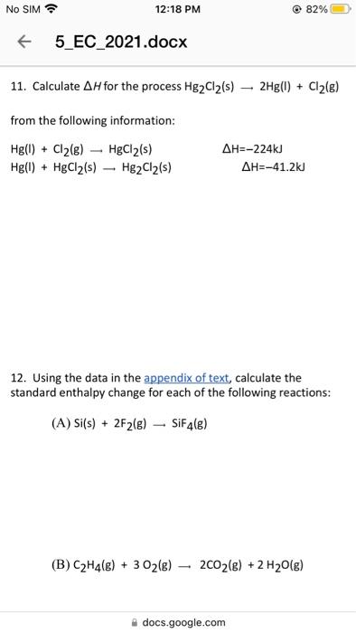 Solved 11. Calculate ΔH for the process Hg2Cl2( | Chegg.com