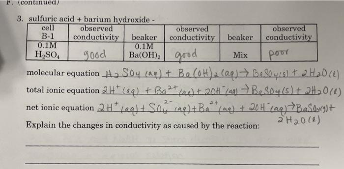 Solved F. (continued) beaker Mix 3. sulfuric acid + barium | Chegg.com