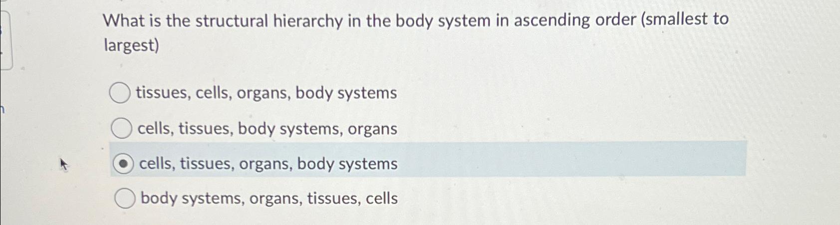 Solved What is the structural hierarchy in the body system | Chegg.com