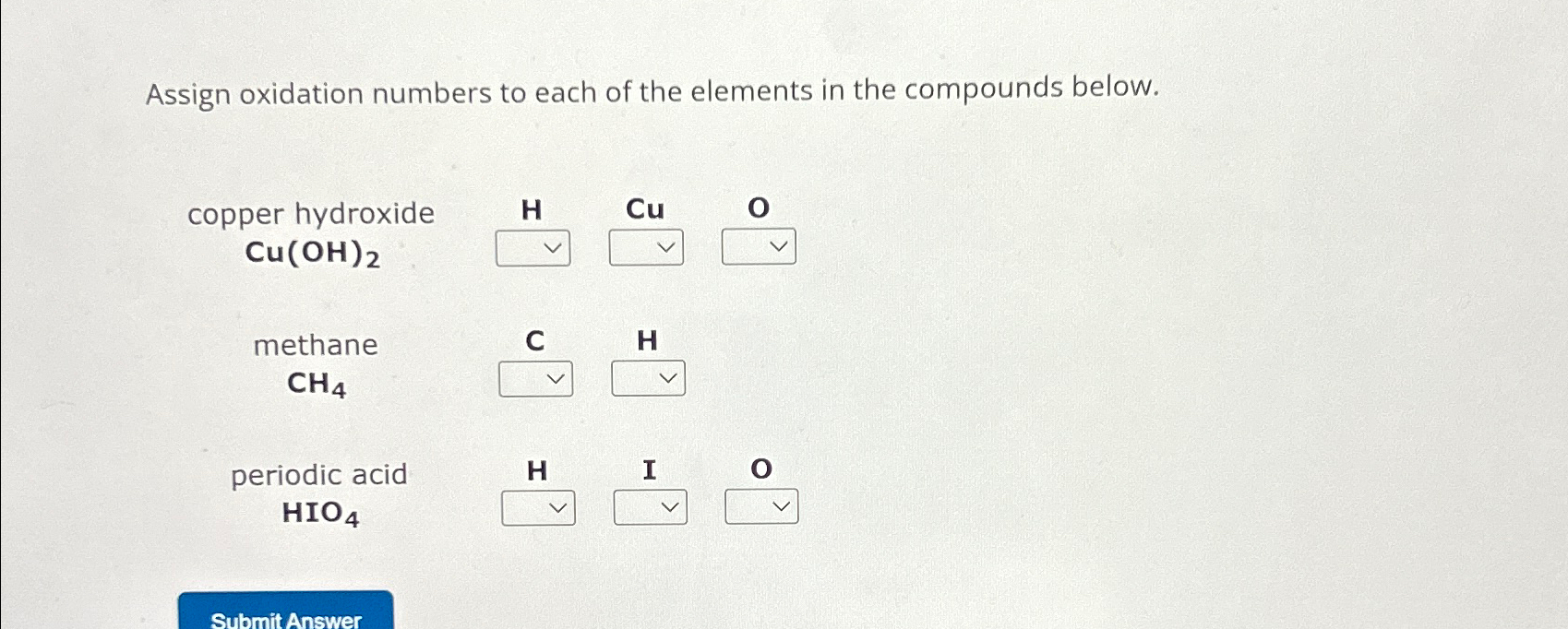 Solved Assign Oxidation Numbers To Each Of The Elements In