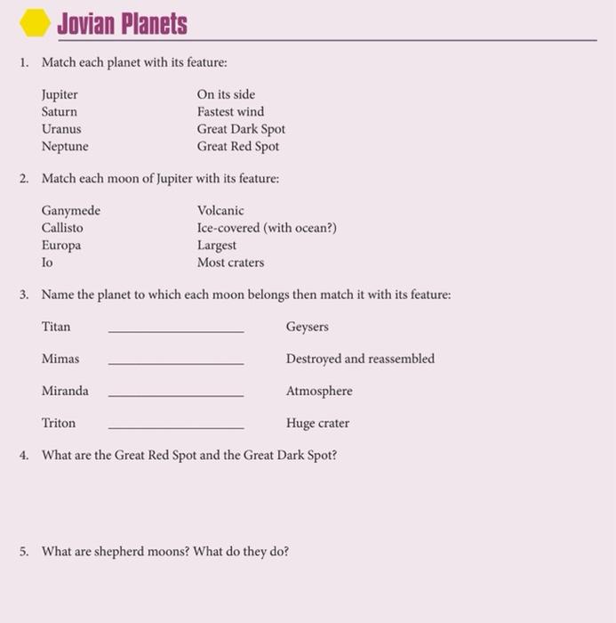 Solved Jovian Planets 1. Match each planet with its feature: | Chegg.com