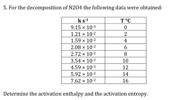 Solved 5. For the decomposition of N204 the following data | Chegg.com