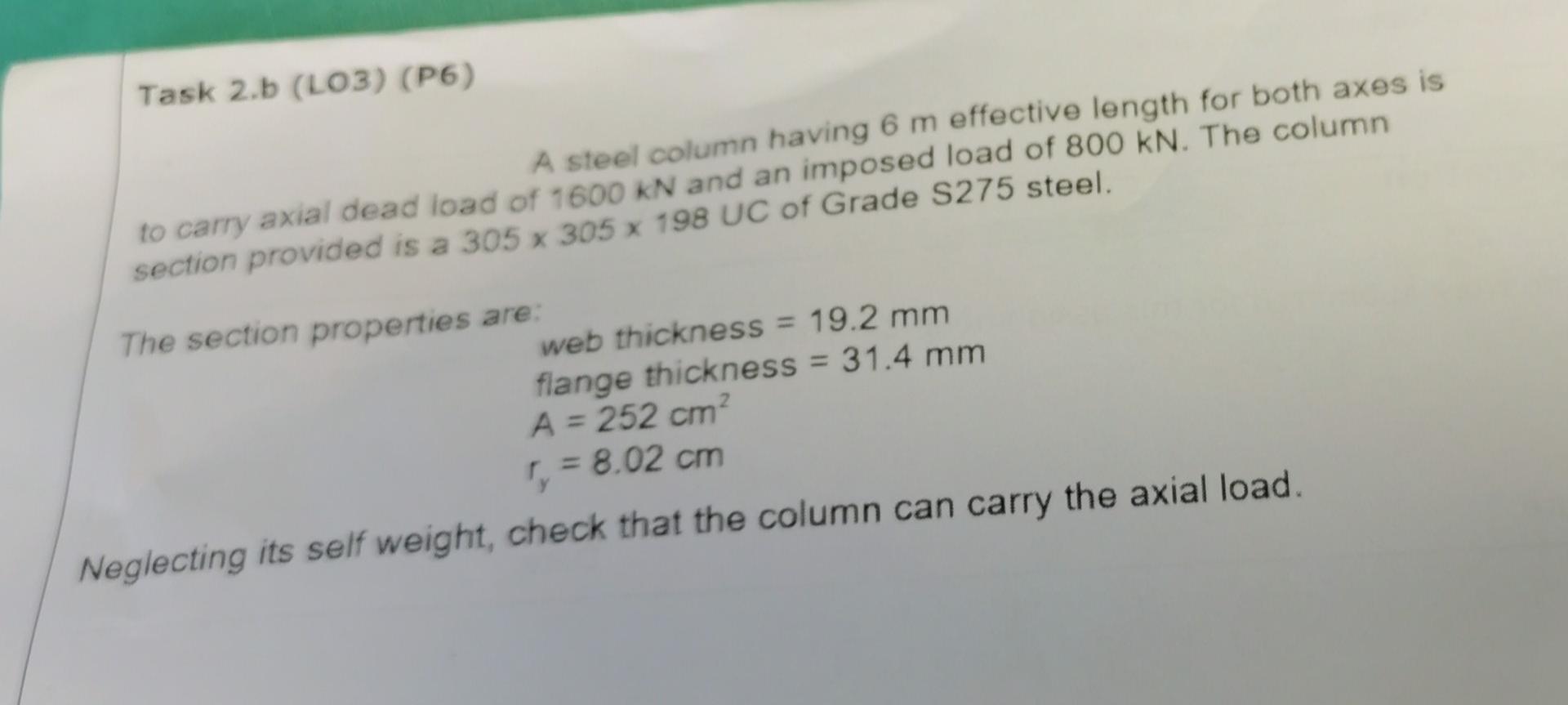 Solved Task 2.b (L03) (P6) A steel column having 6 m | Chegg.com