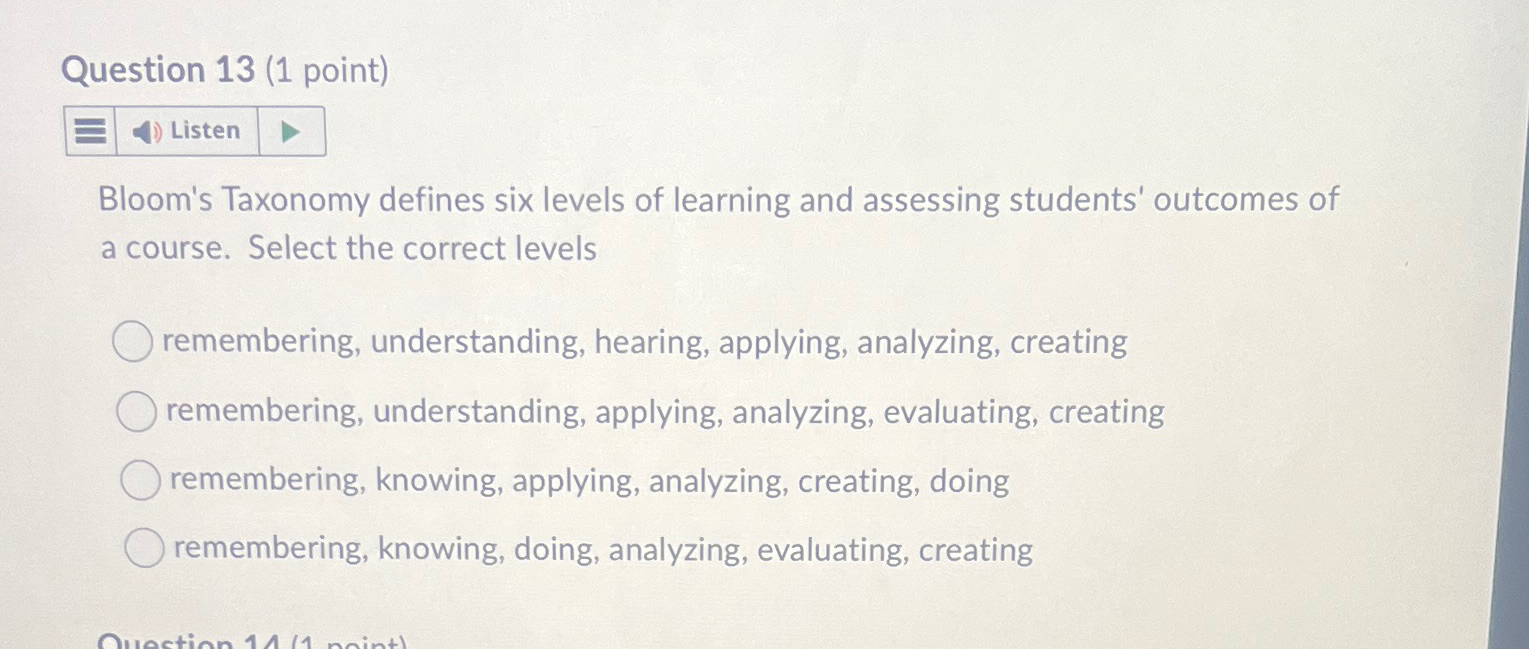 Solved Question 13 (1 ﻿point)ListenBloom's Taxonomy defines | Chegg.com
