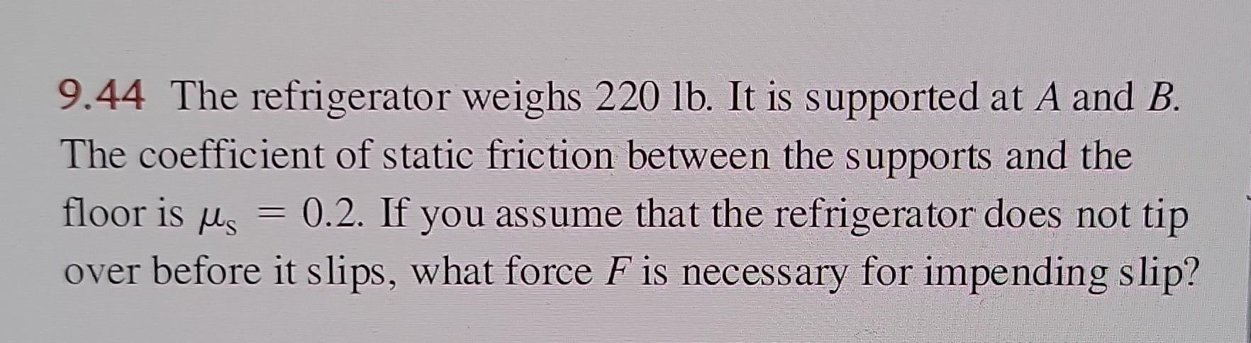 9.44 The refrigerator weighs 220lb. It is supported | Chegg.com