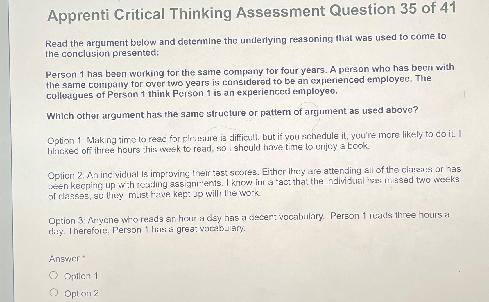 Solved Apprenti Critical Thinking Assessment Question 35 ﻿of | Chegg.com