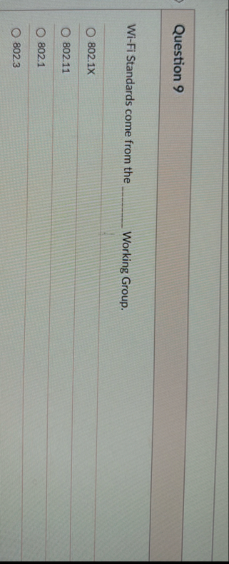 Solved Question 9Wi-Fi Standards come from the ﻿Working | Chegg.com