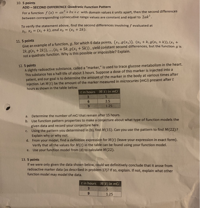 10. 5 points ADD - SECOND DIFFERENCE Quadratic | Chegg.com