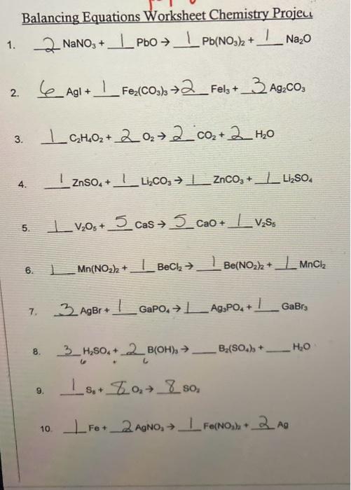 Solved Balancing Equations Worksheet Chemistry Projec 1. | Chegg.com