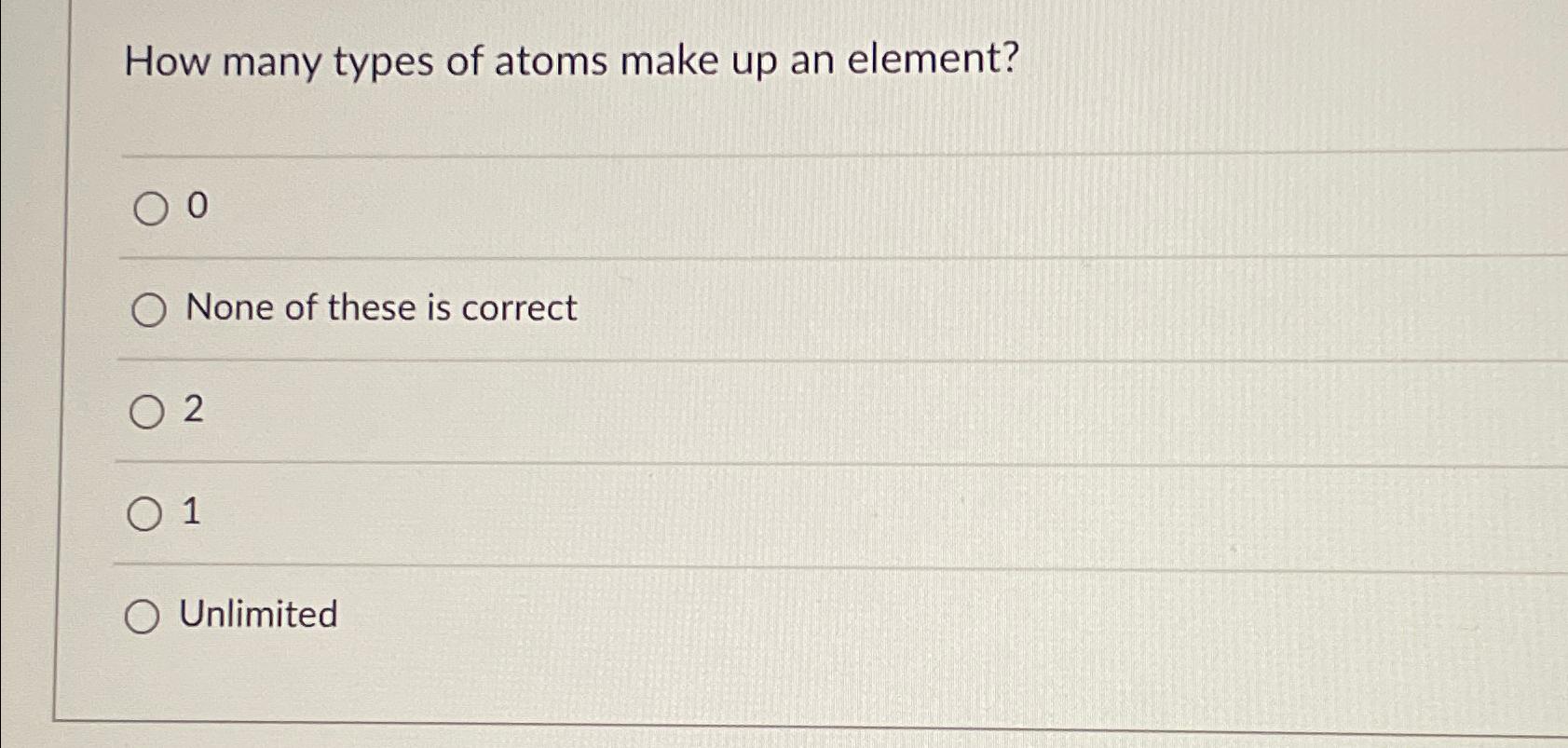 Solved How many types of atoms make up an element?0None of | Chegg.com