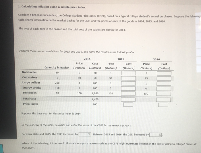 Solved 1. Calculating inflation using a simple price index | Chegg.com