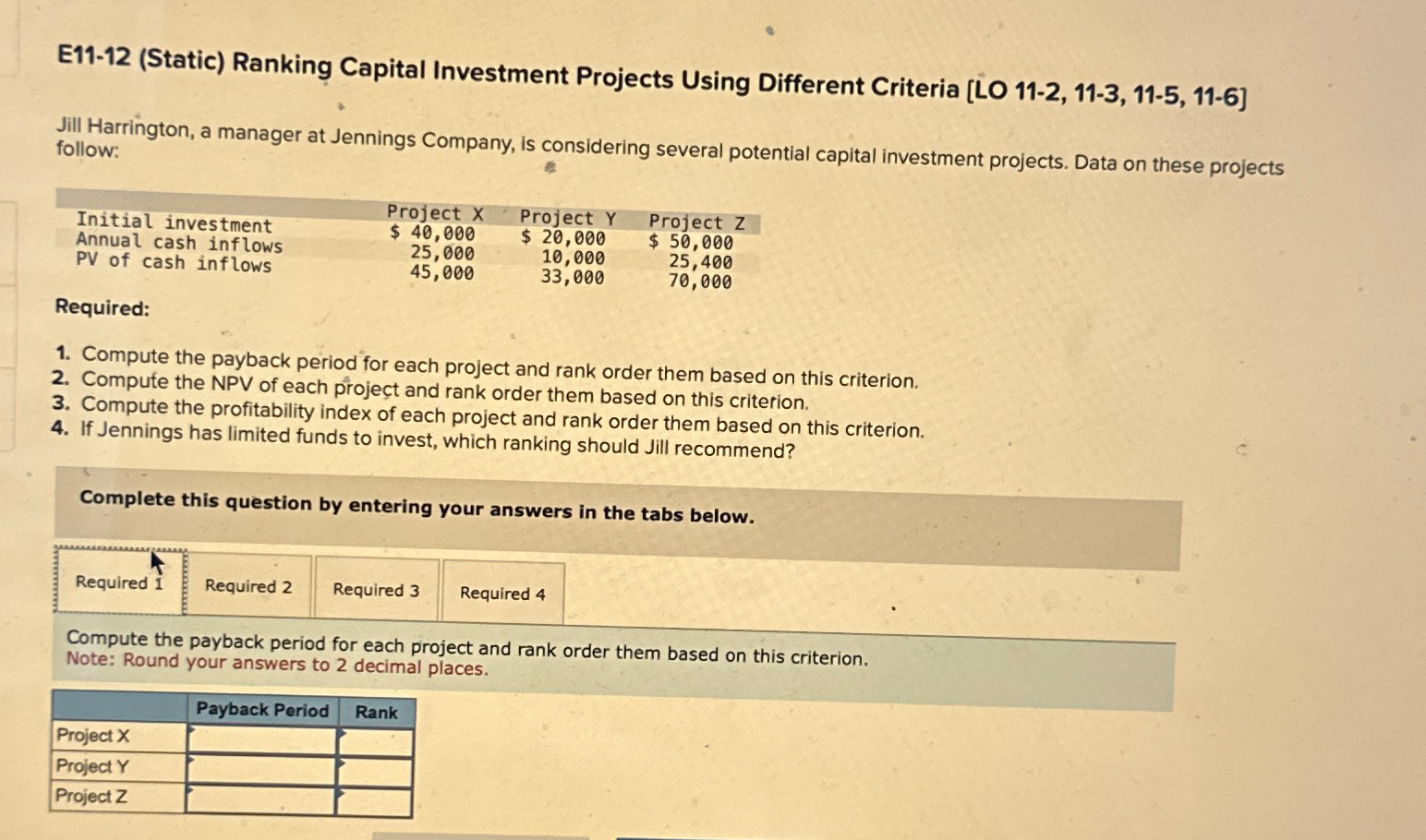 Solved E11-12 (Static) ﻿Ranking Capital Investment Projects | Chegg.com