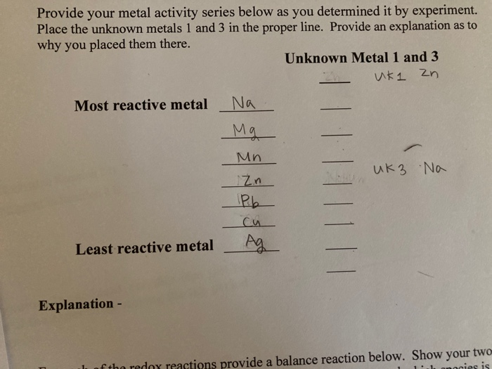 Provide your metal activity series below as you | Chegg.com