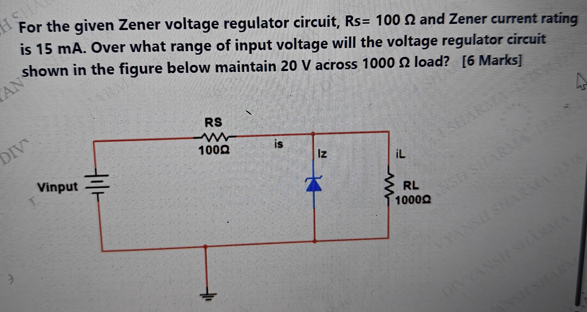 Solved For the given Zener voltage regulator circuit, Rs | Chegg.com