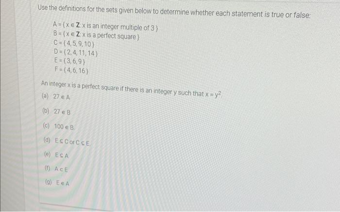 Solved Use The Definitions For The Sets Given Below To
