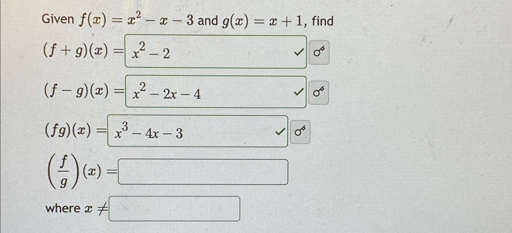 Solved Given f(x)=x2-x-3 ﻿and g(x)=x+1, ﻿find(fg)(x)= | Chegg.com
