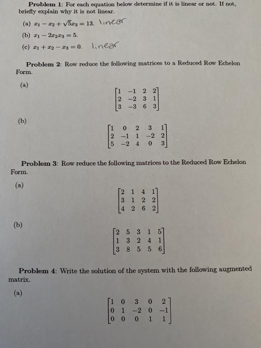 Solved Problem 1: For each equation below determine if it is | Chegg.com