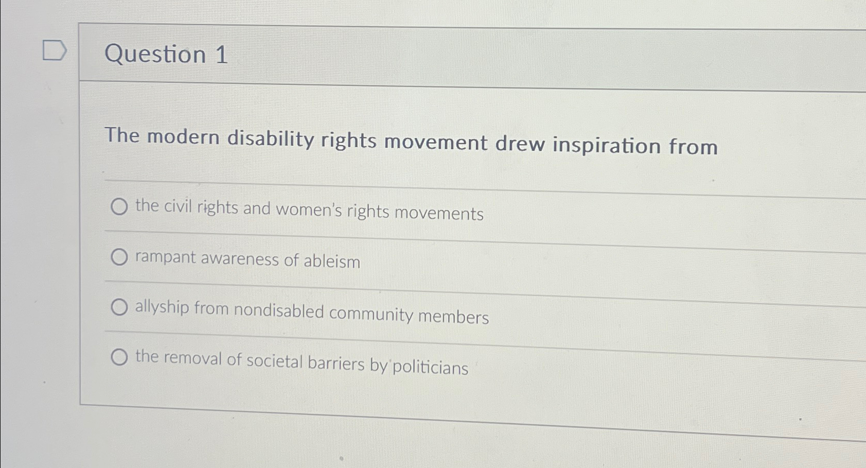 Solved Question 1The modern disability rights movement drew | Chegg.com