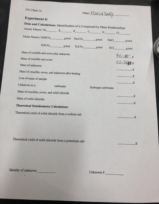 Solved IVC Chem IA Name Maria Zaky Experiment 4: Data and | Chegg.com