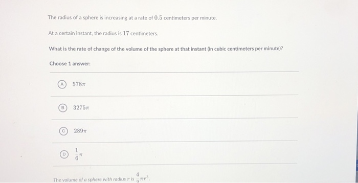 Solved The radius of a sphere is increasing at a rate of 0.5 | Chegg.com