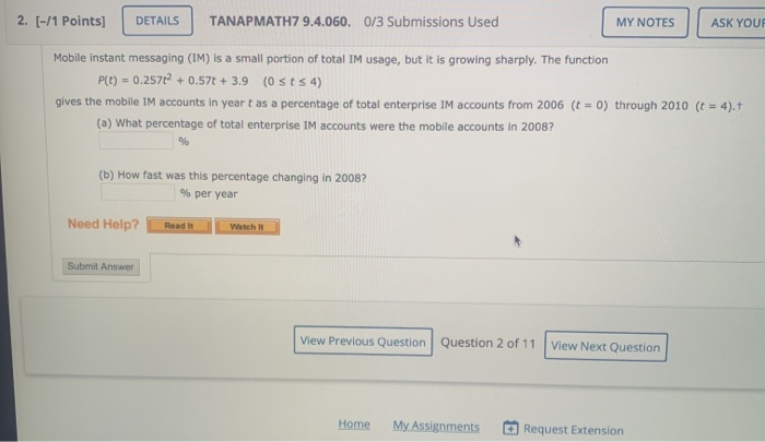 Solved 2. (-/1 Points] DETAILS TANAPMATH7 9.4.060.0/3 | Chegg.com