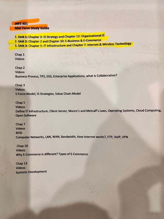 Solved INFS 401 Mid-Term study Guide 1. Unit 1: Chapter 3: | Chegg.com