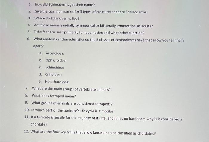 Solved 1. How did Echinoderms get their name? 2. Give the | Chegg.com