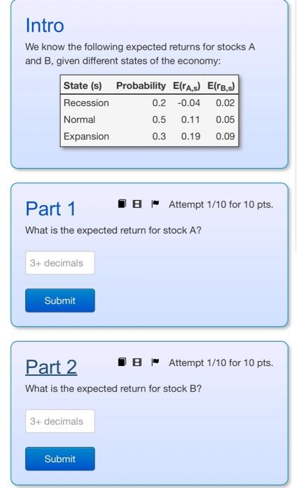 Solved We know the following expected returns for stocks A | Chegg.com