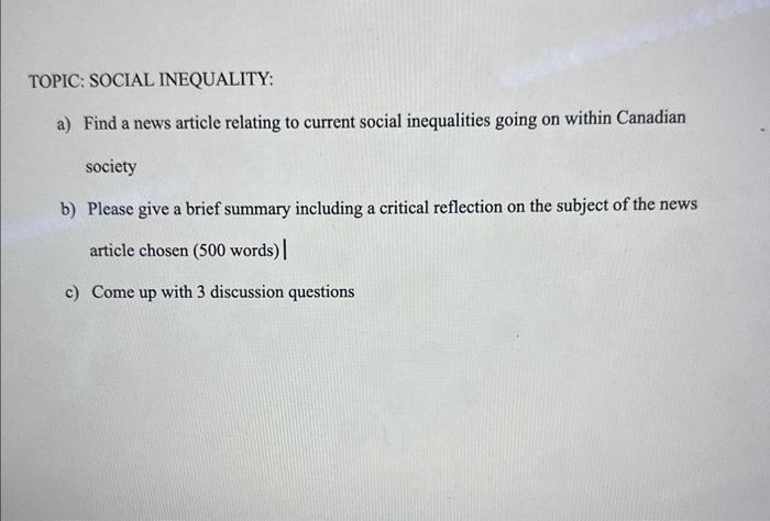 TOPIC: SOCIAL INEQUALITY: a) Find a news article | Chegg.com