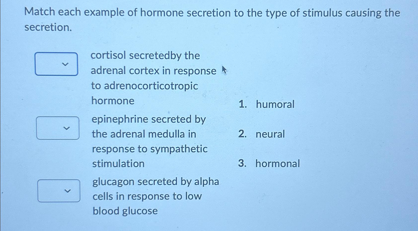 Solved Match each example of hormone secretion to the type | Chegg.com Solved Match each example of hormone secretion to the type | Chegg.com