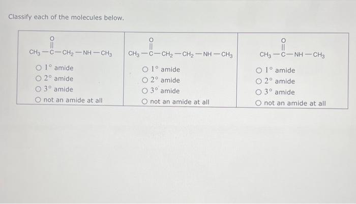 Solved Classify each of the molecules below. 1∘ amide 2∘ | Chegg.com